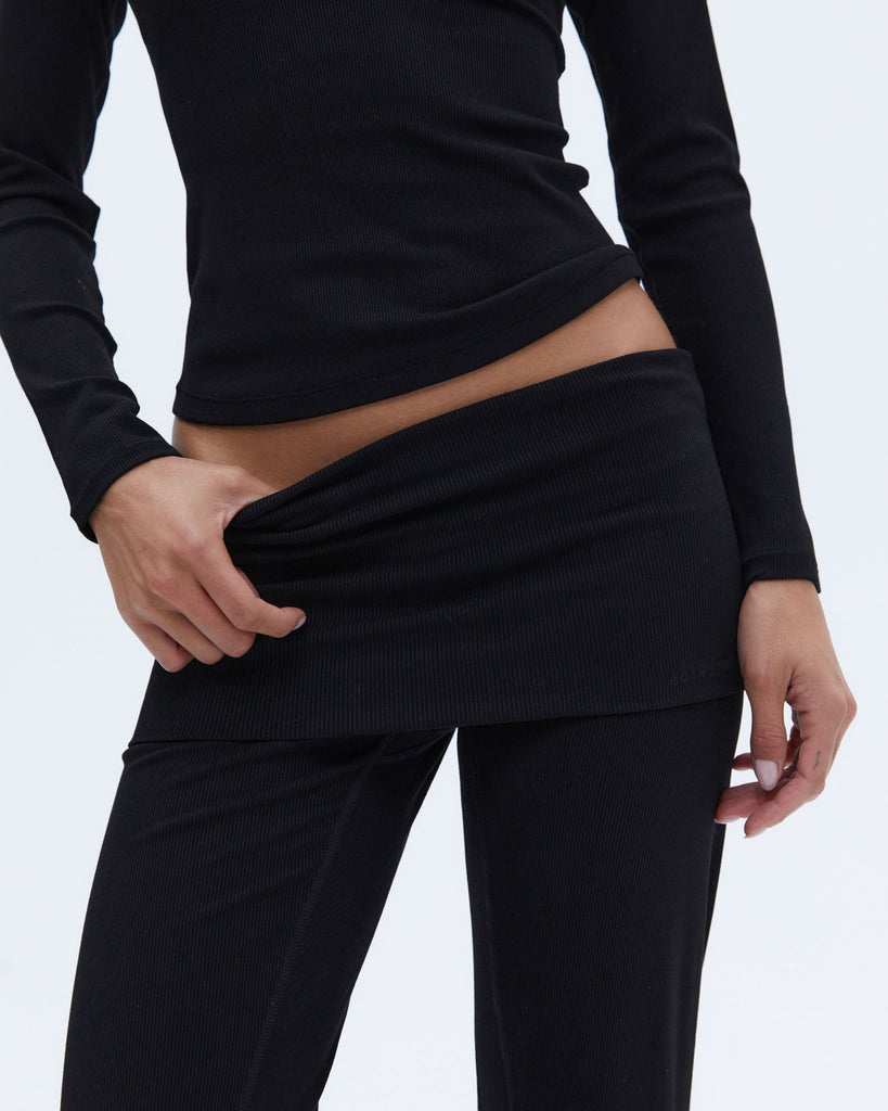Rib Fold Over Pants - Black