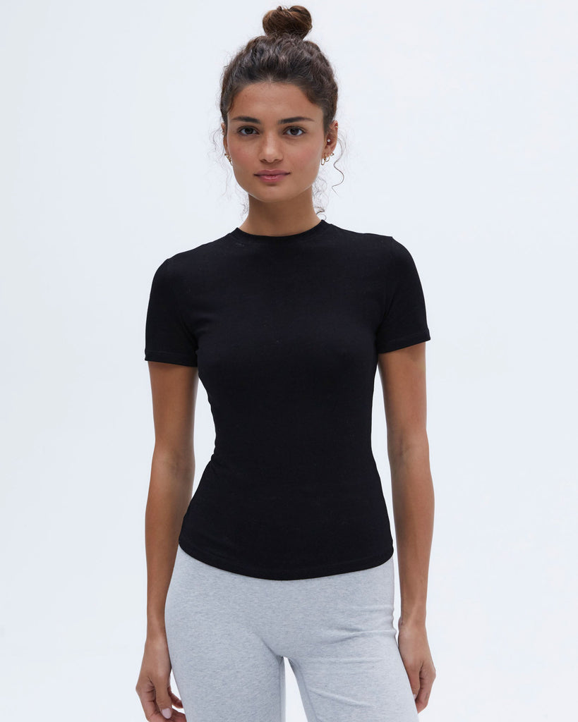 Women's Black Fitted Short Sleeve Top | Adanola