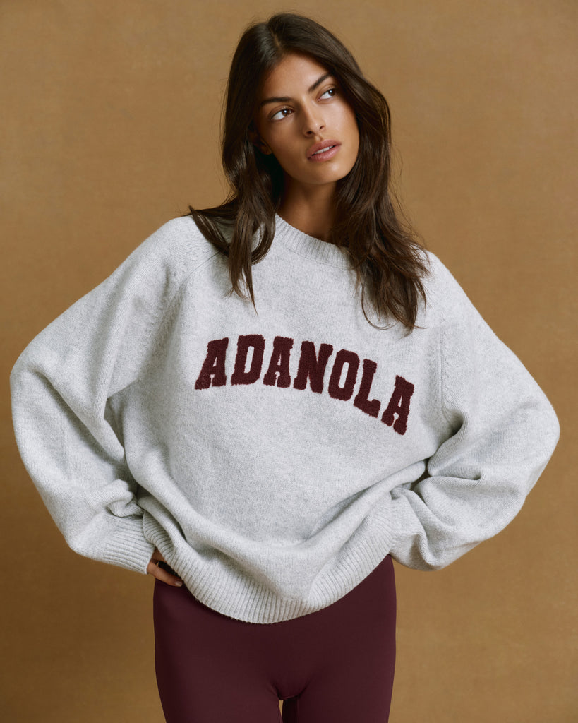 Varsity Boucle Oversized Knit Sweatshirt - Light Grey Melange/Burgundy